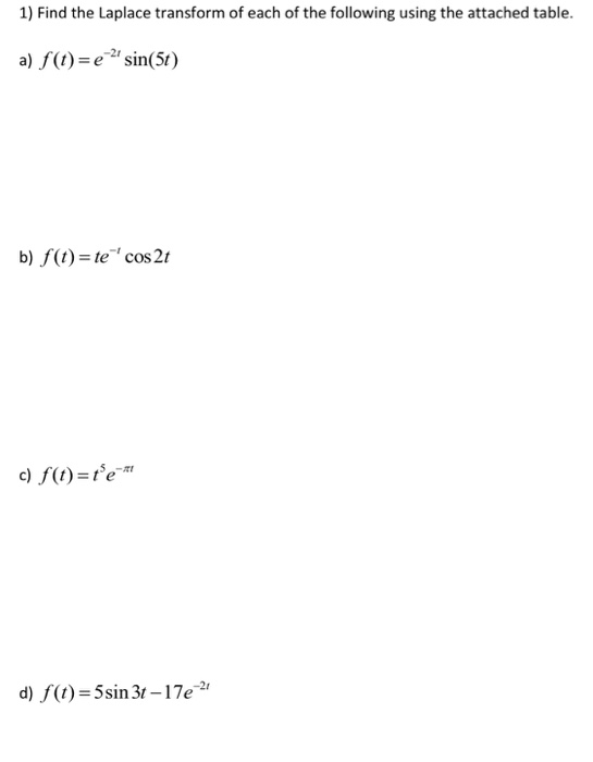 Solved 1) Find the Laplace transform of each of the | Chegg.com