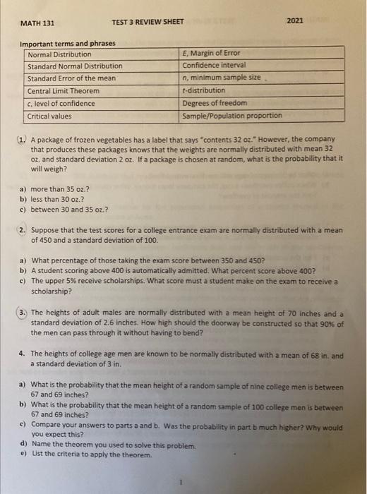 Solved MATH 131 TEST 3 REVIEW SHEET 2021 (1. A package of | Chegg.com