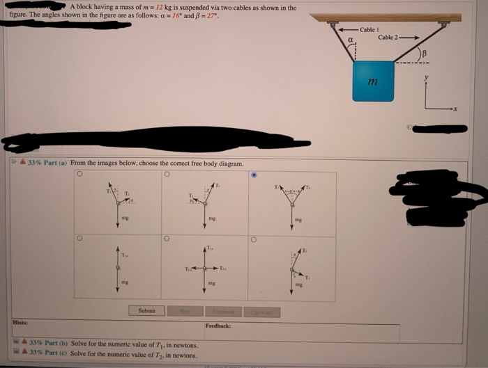 Solved A block having a mass of m 12 kg is suspended via two | Chegg.com