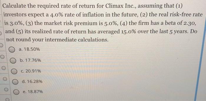 Solved Calculate the required rate of return for Climax | Chegg.com