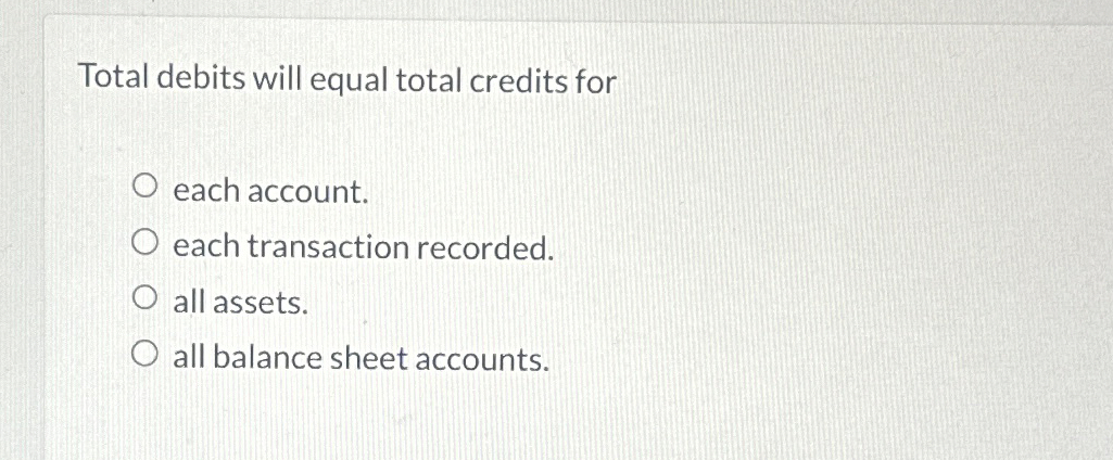 Solved Total debits will equal total credits foreach | Chegg.com