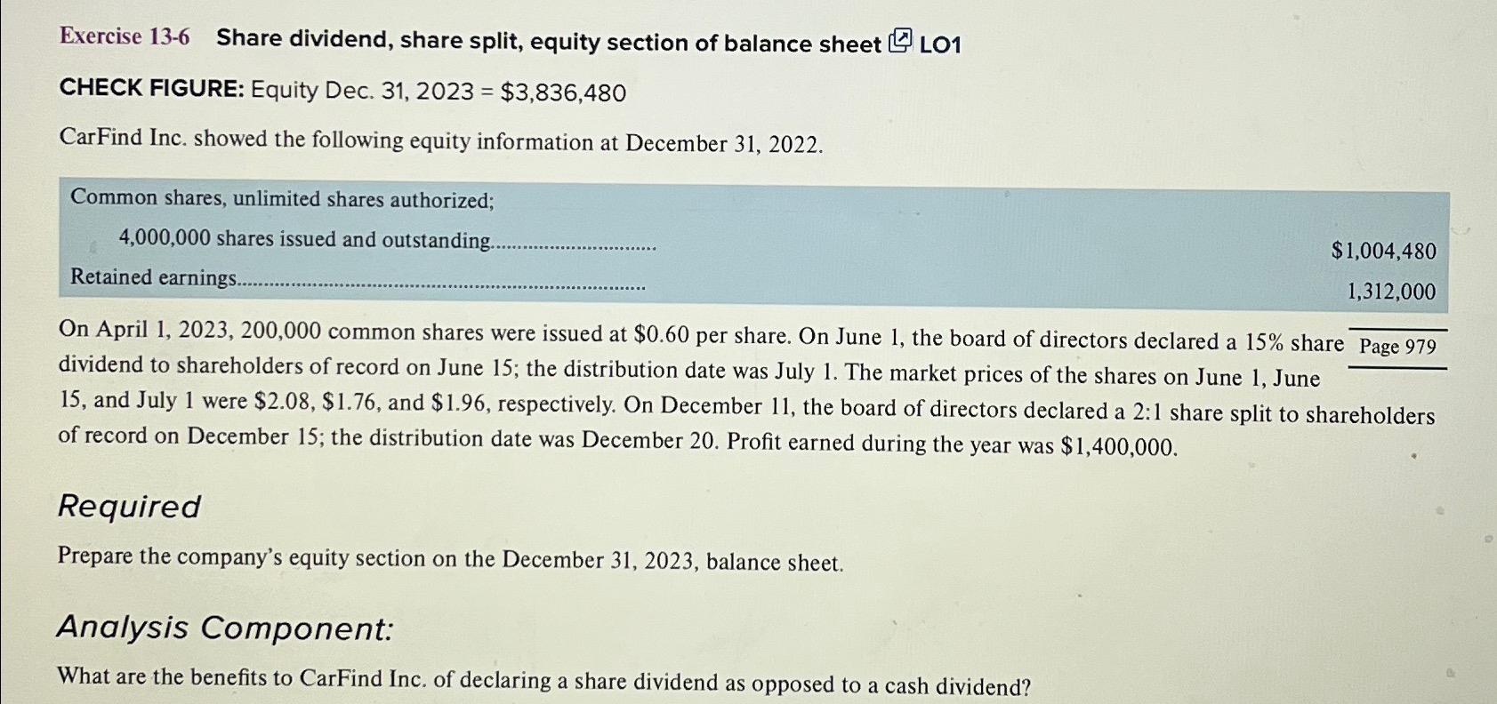 Solved Exercise 13-6 ﻿Share dividend, share split, equity | Chegg.com