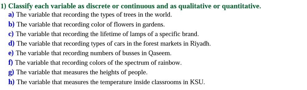 Solved 1) Classify each variable as discrete or continuous | Chegg.com