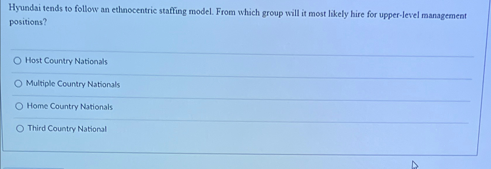 Solved Hyundai tends to follow an ethnocentric staffing | Chegg.com