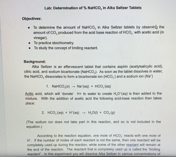Lab: Determination of % NaHCO, in Alka Seltzer | Chegg.com