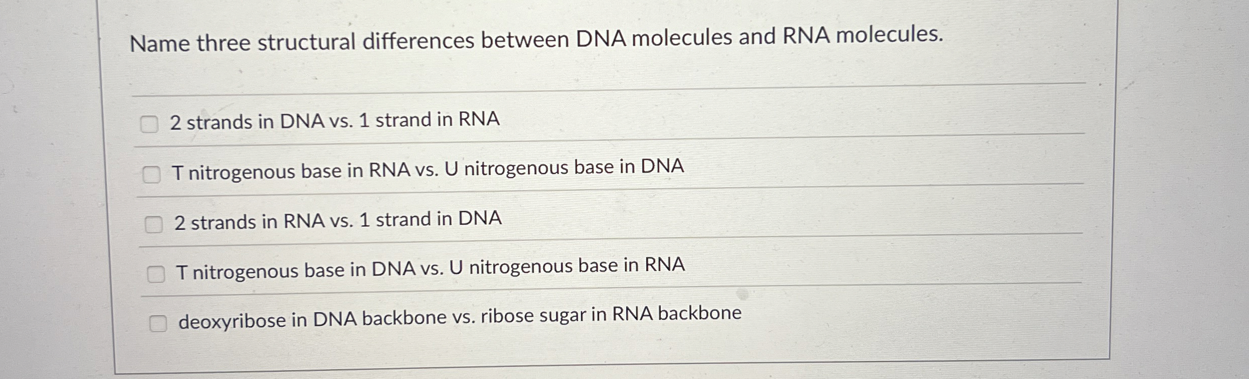 Solved Name three structural differences between DNA | Chegg.com