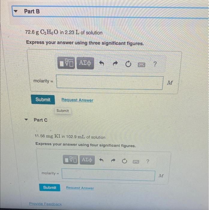 Solved 72.6 gC2H6O in 2.23 L of solution Express your answer | Chegg.com