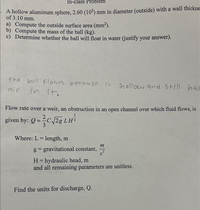 Solved A hollow aluminum sphere, 2.60(102)mm in diameter | Chegg.com