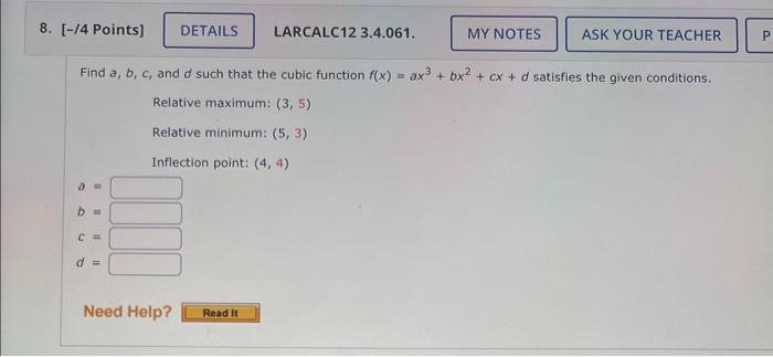 Solved Find a,b,c, and d such that the cubic function | Chegg.com