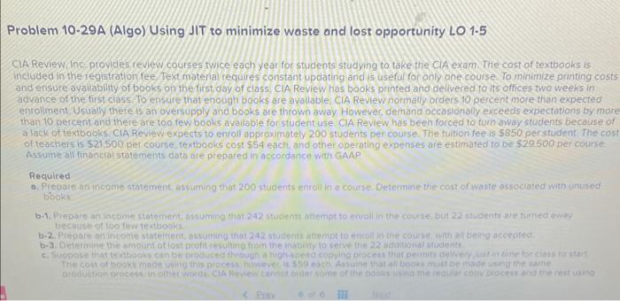 Solved Problem 10-29A (Algo) Using JIT to minimize waste and | Chegg.com