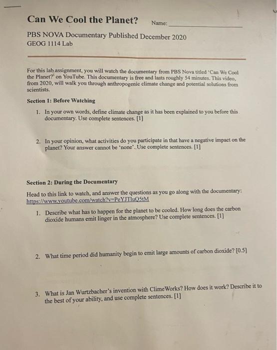 Solved Can We Cool the Planet? Name: PBS NOVA Documentary | Chegg.com