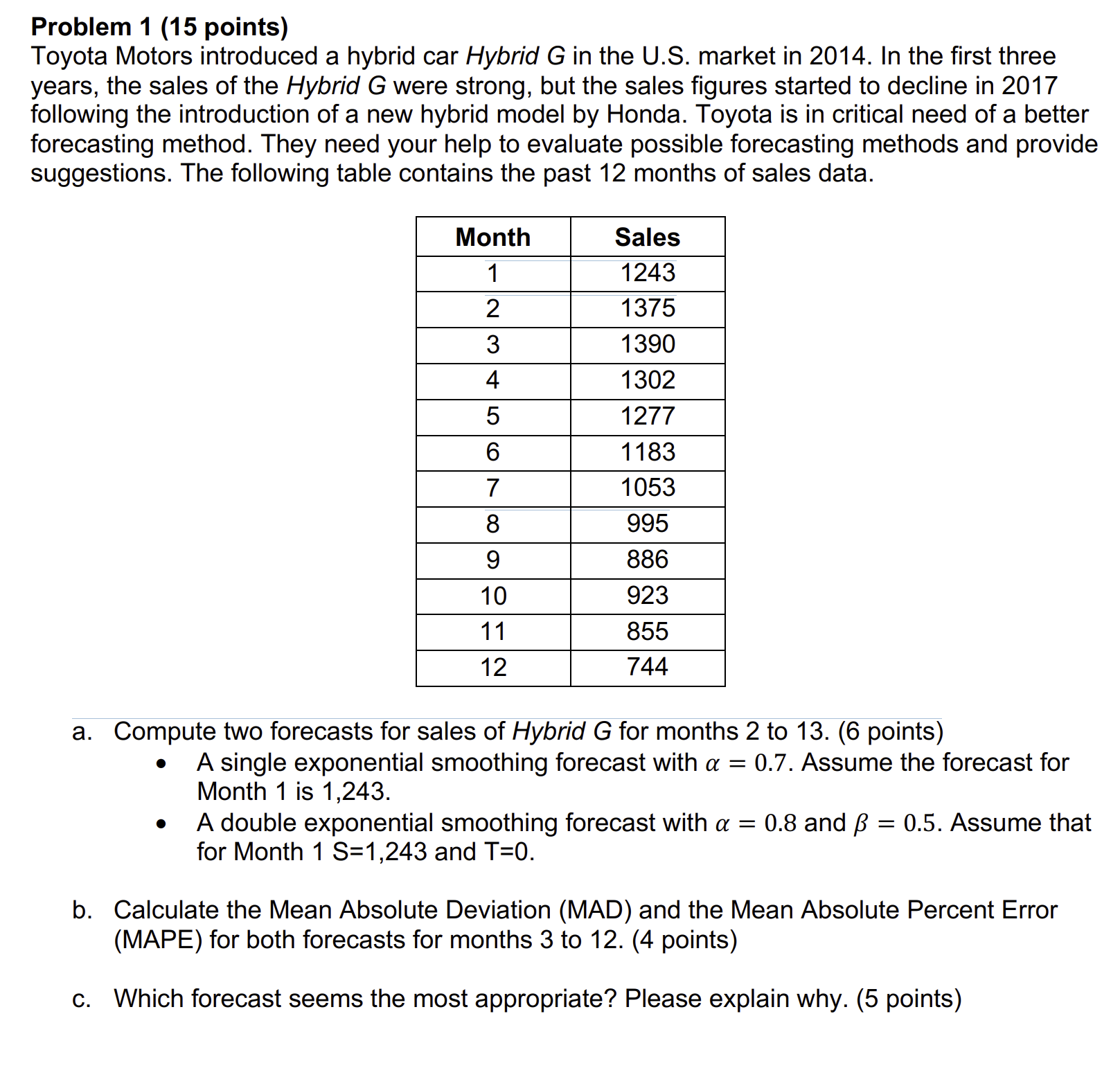 Solved Problem 1 (15 ﻿points)Toyota Motors introduced a | Chegg.com