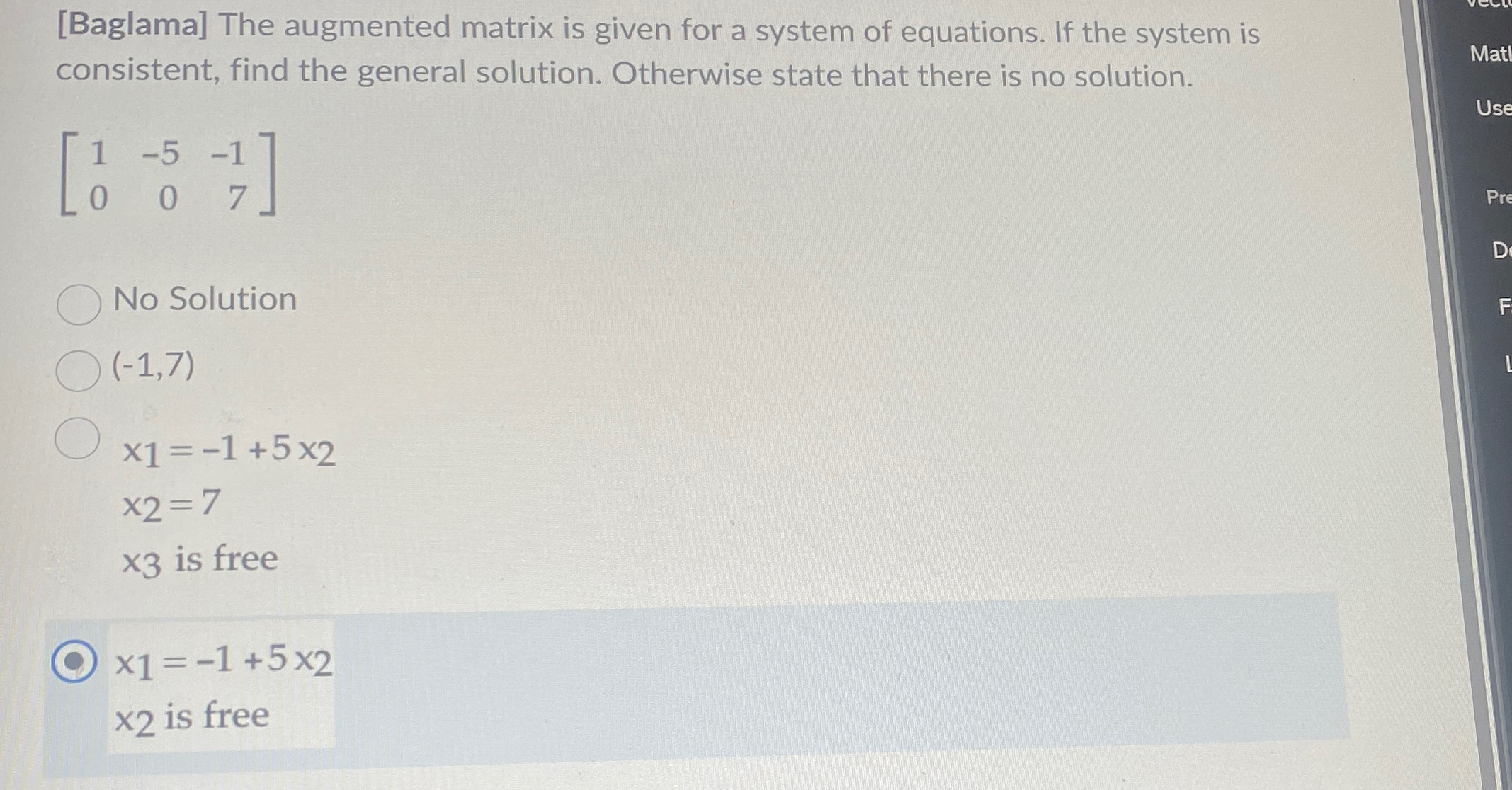 Solved [Baglama] ﻿The augmented matrix is given for a system | Chegg.com