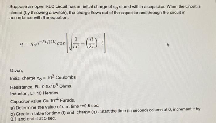 Solved Suppose an open RLC circuit has an initial charge of | Chegg.com