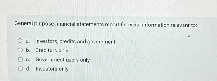 Solved General purpose financial statements report financial | Chegg.com