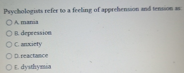 Solved Psychologists refer to a feeling of apprehension and | Chegg.com