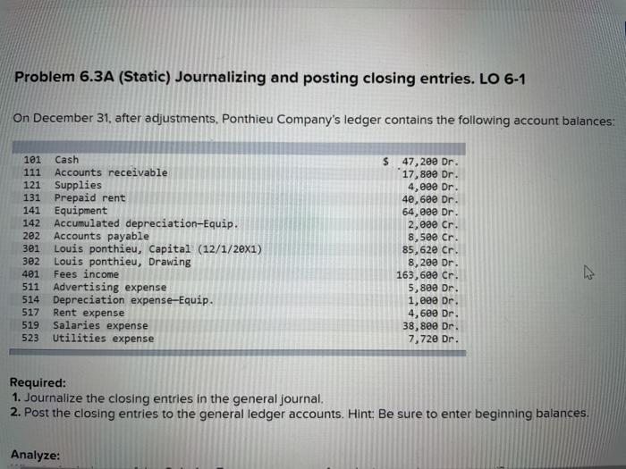 Solved Problem 6.3A (Static) Journalizing and posting | Chegg.com