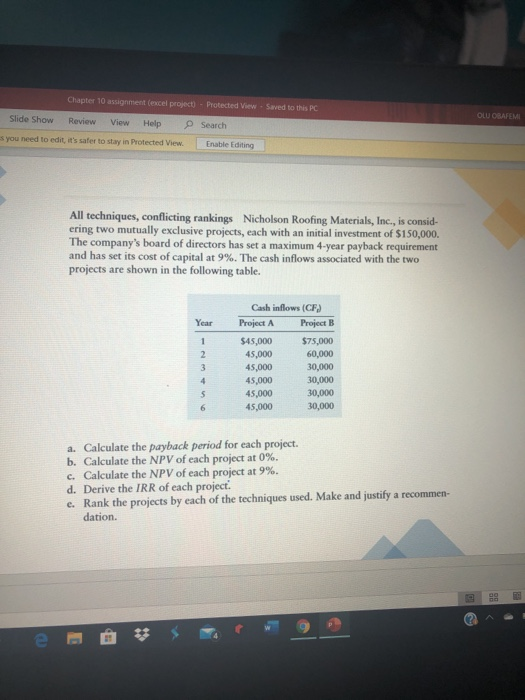 Solved Chapter 10 assignment (excel project) - Protected | Chegg.com