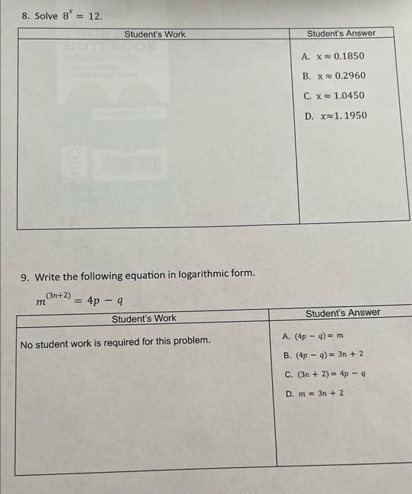 Solved 8. Solve 8x=12. 9. Write the following equation in | Chegg.com