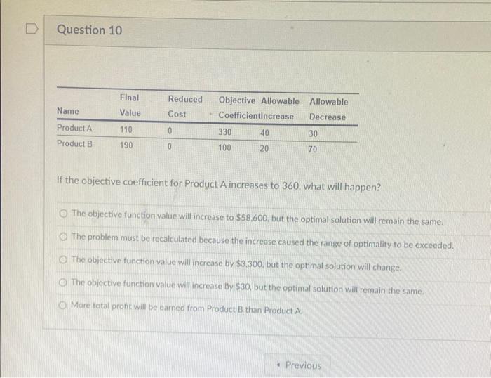 Solved Question 10 If The Objective Coefficient For Product
