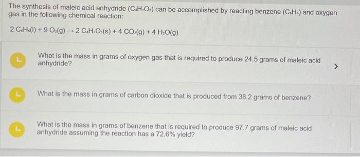 Solved The synthesis of maleic acid anhydride (C4H2O3) can | Chegg.com