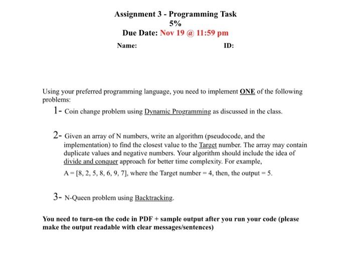 Solved Assignment 3 - Programming Task 5% Due Date: Nov 19 | Chegg.com
