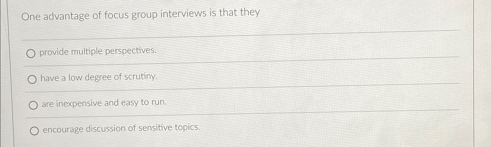 Solved One advantage of focus group interviews is that | Chegg.com