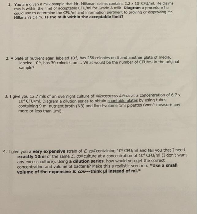 Solved 1. You are given a milk sample that Mr. Milkman | Chegg.com