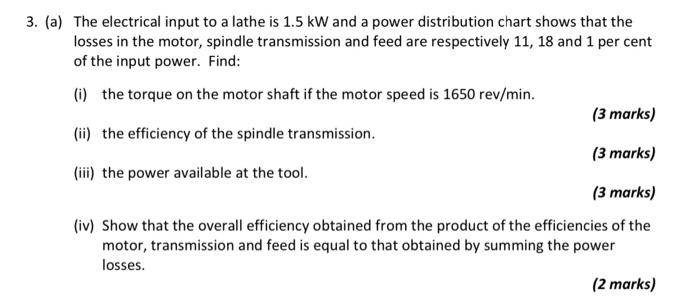 Solved 3. (a) The electrical input to a lathe is 1.5 kW and | Chegg.com