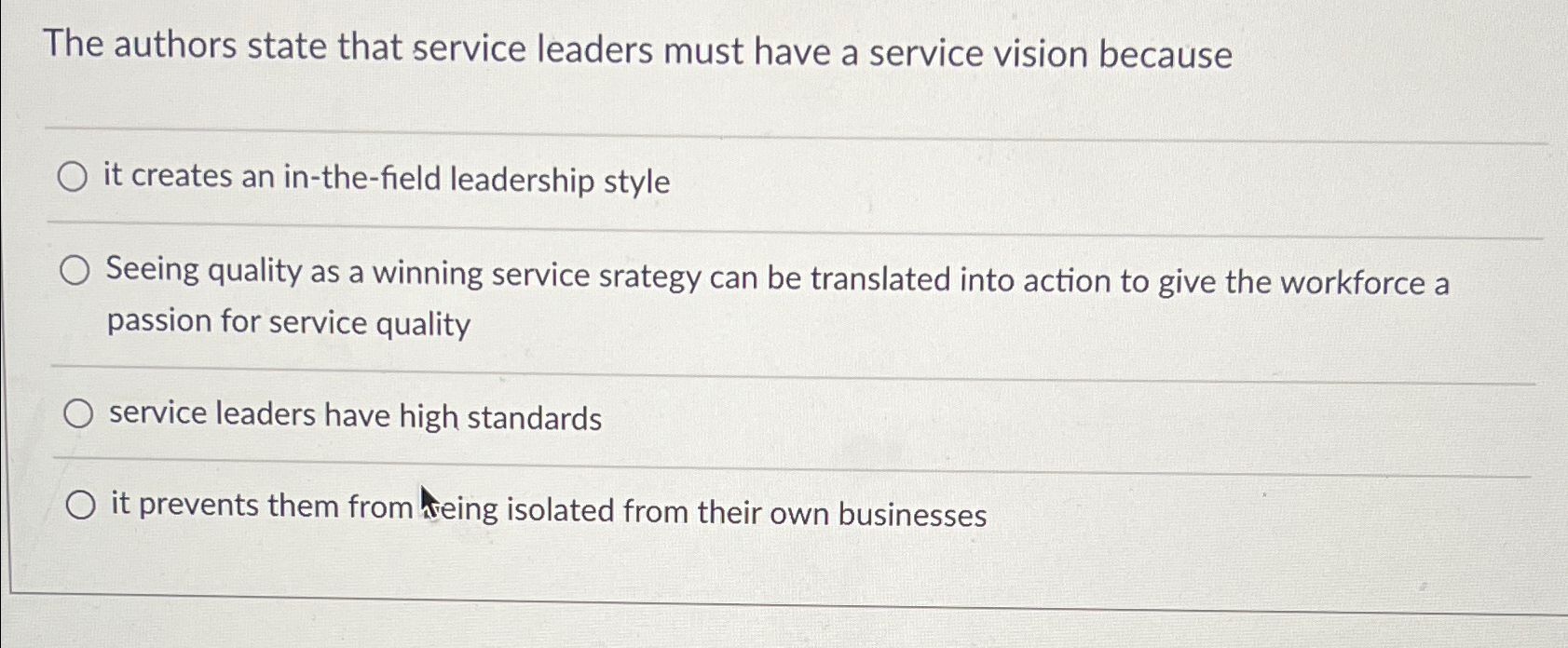 Solved The authors state that service leaders must have a | Chegg.com