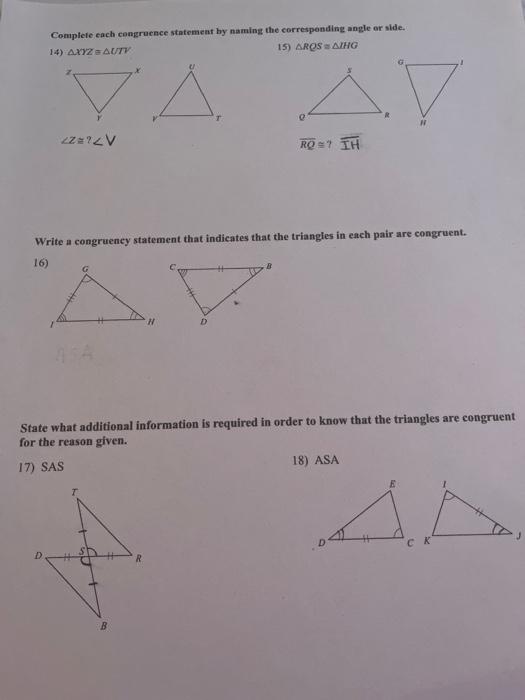 Solved Complete each congruence statement by naming the | Chegg.com