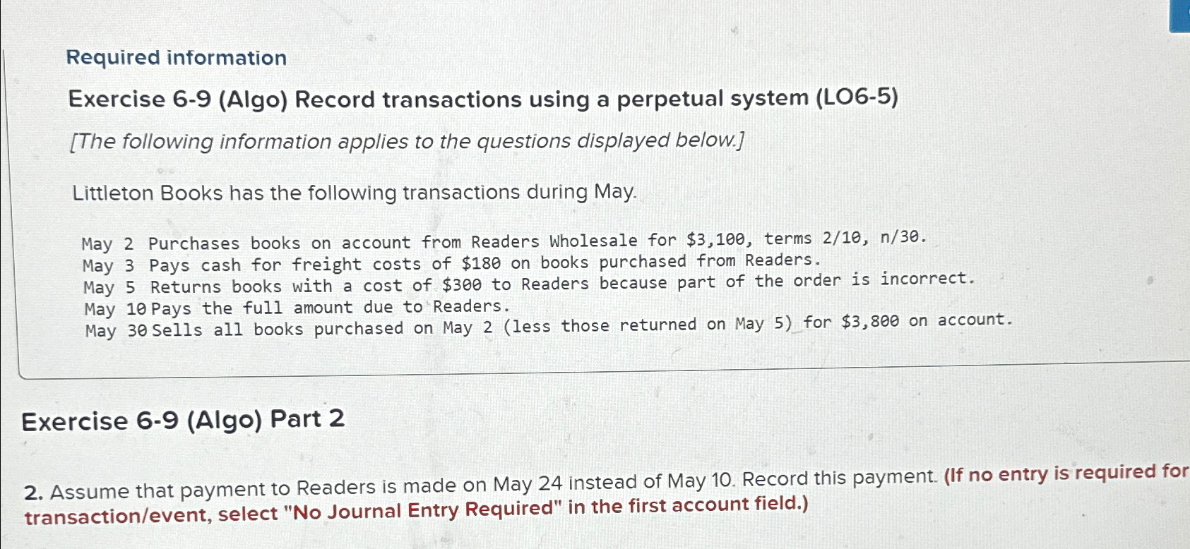 Solved Required informationExercise 6-9 (Algo) Record | Chegg.com Solved Required informationExercise 6-9 (Algo) Record | Chegg.com