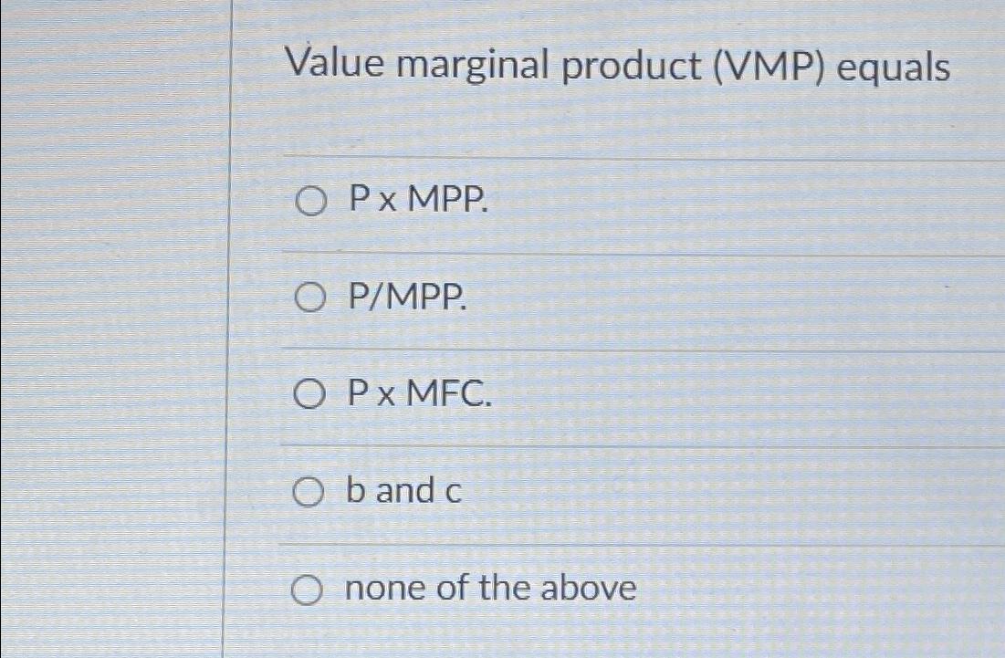 Solved Value marginal product (VMP) ﻿equalsP × ﻿MPP.P/MPP.P | Chegg.com