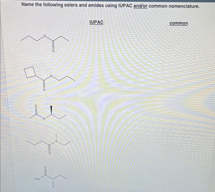 Solved Name the following esters and amides using IUPAC | Chegg.com