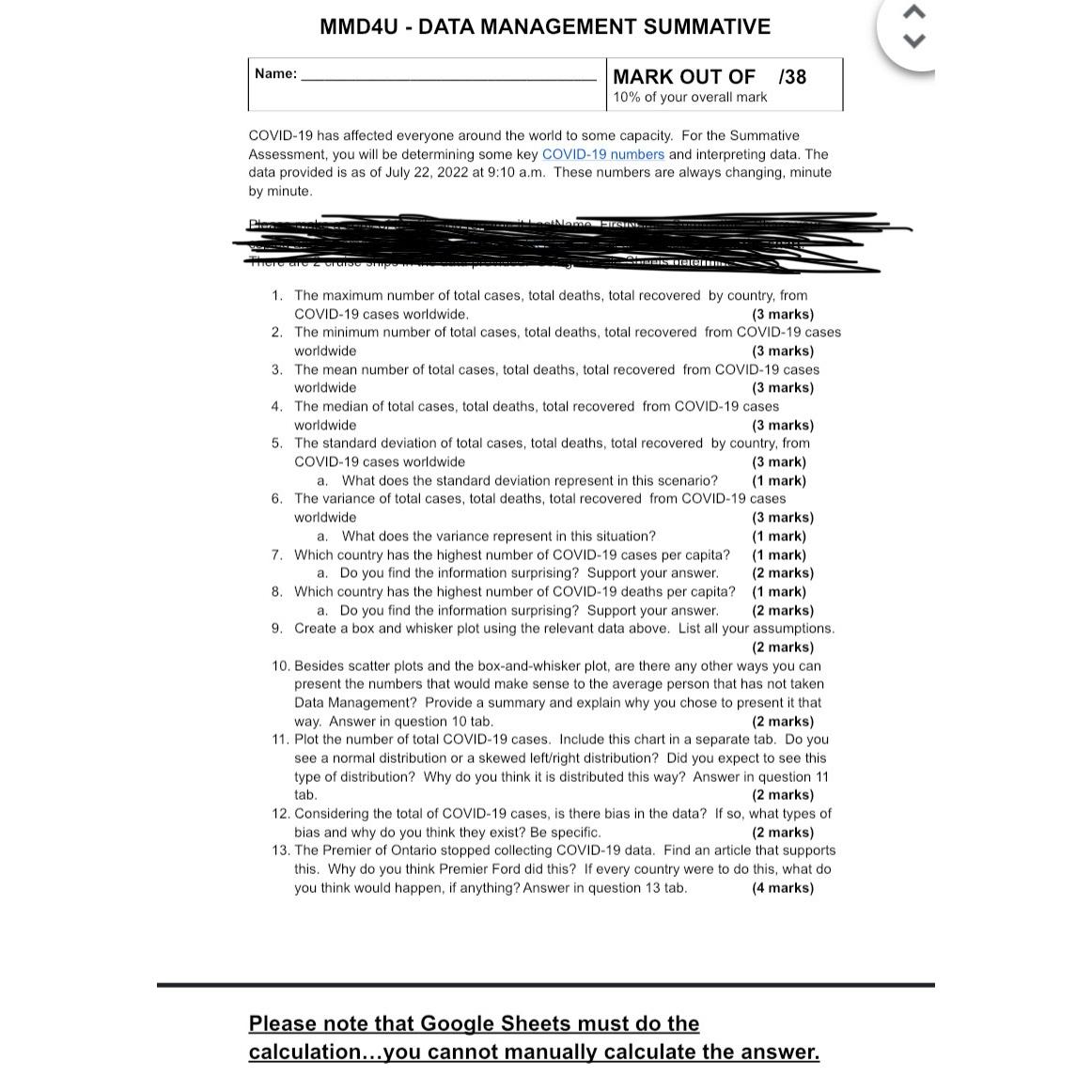 MMD4U - ﻿DATA MANAGEMENT SUMMATIVENamMARK OUT OF | Chegg.com