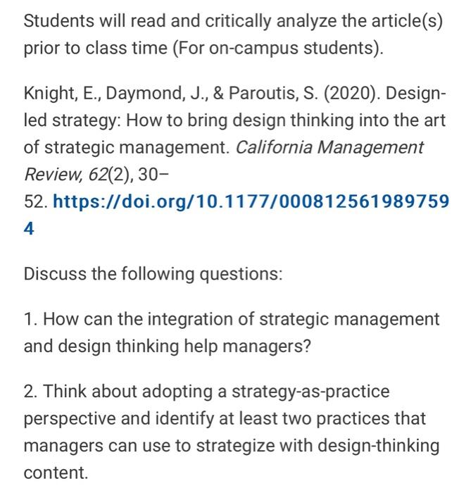 Solved Students will read and critically analyze the | Chegg.com