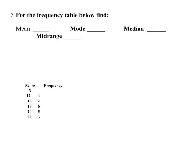 Solved 2. For the frequency table below find: Mean Mode | Chegg.com