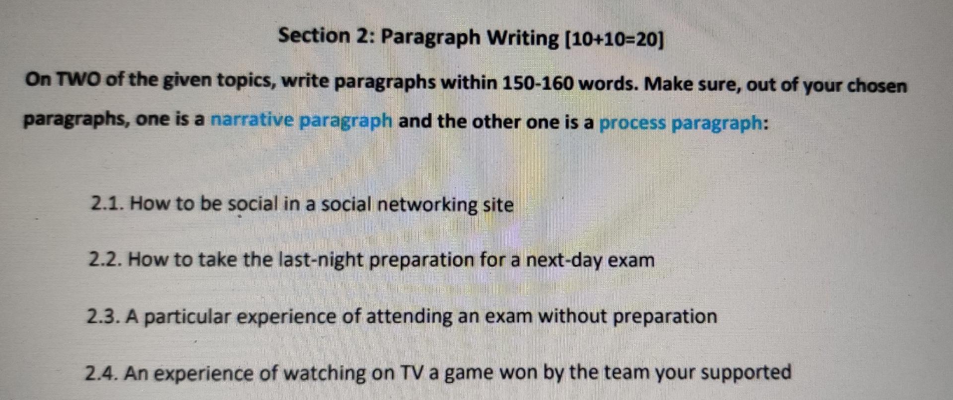 Solved Section 2: Paragraph Writing (10+10=20] On TWO of the | Chegg.com