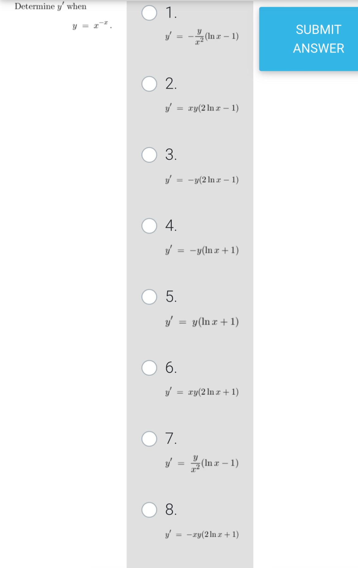 Solved y=x-x.y'=-yx2(lnx-1)y'=xy(2lnx-1)y'=-y(2lnx-1)y'=-y(l | Chegg.com