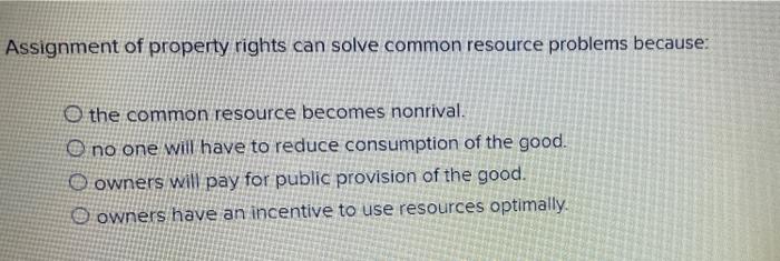 Solved Assignment of property rights can solve common | Chegg.com