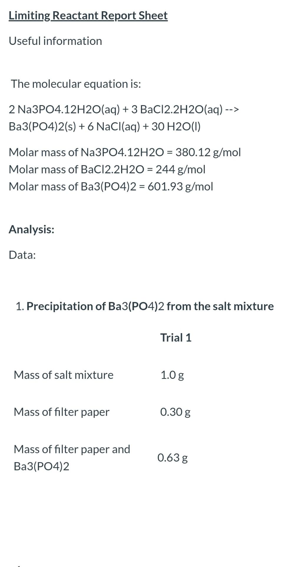 Solved Limiting Reactant Report Sheet Useful information The | Chegg.com