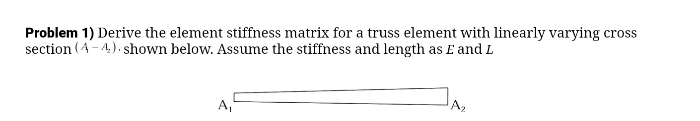 Solved Problem 1) Derive the element stiffness matrix for a | Chegg.com Solved Problem 1) Derive the element stiffness matrix for a | Chegg.com