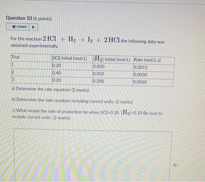 Solved For the reaction 2ICl+H2→I2+2HCl the following data | Chegg.com