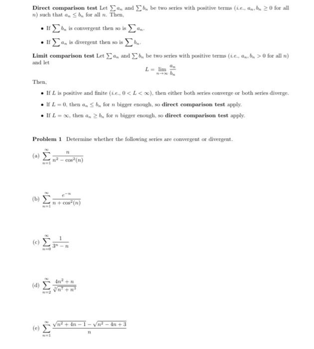 Solved Direct comparison test Let ∑an and ∑bn be two series | Chegg.com