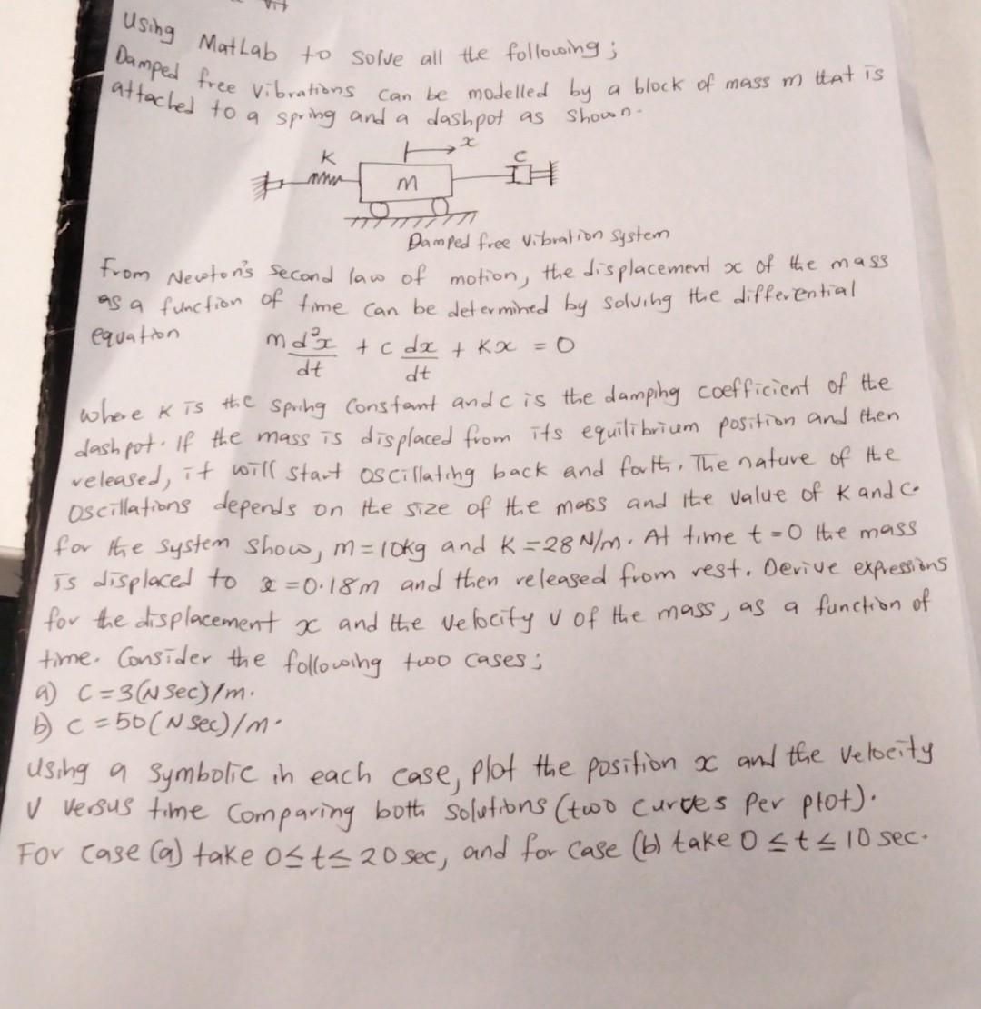 Using Matlab to solve all the following; Oamped free | Chegg.com