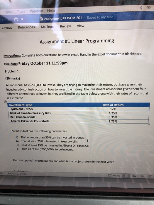 Solved Tools e D Table Window Help Assignment #1 ISOM 201 - | Chegg.com