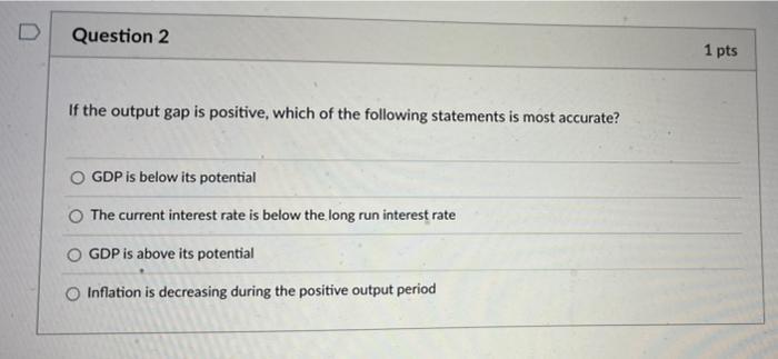Solved D Question 2 1 pts If the output gap is positive, | Chegg.com