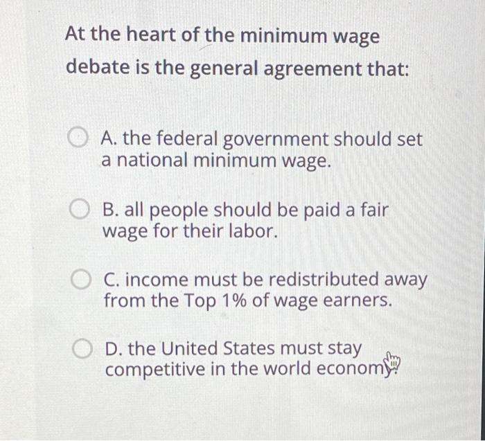 At the heart of the minimum wage debate is the | Chegg.com