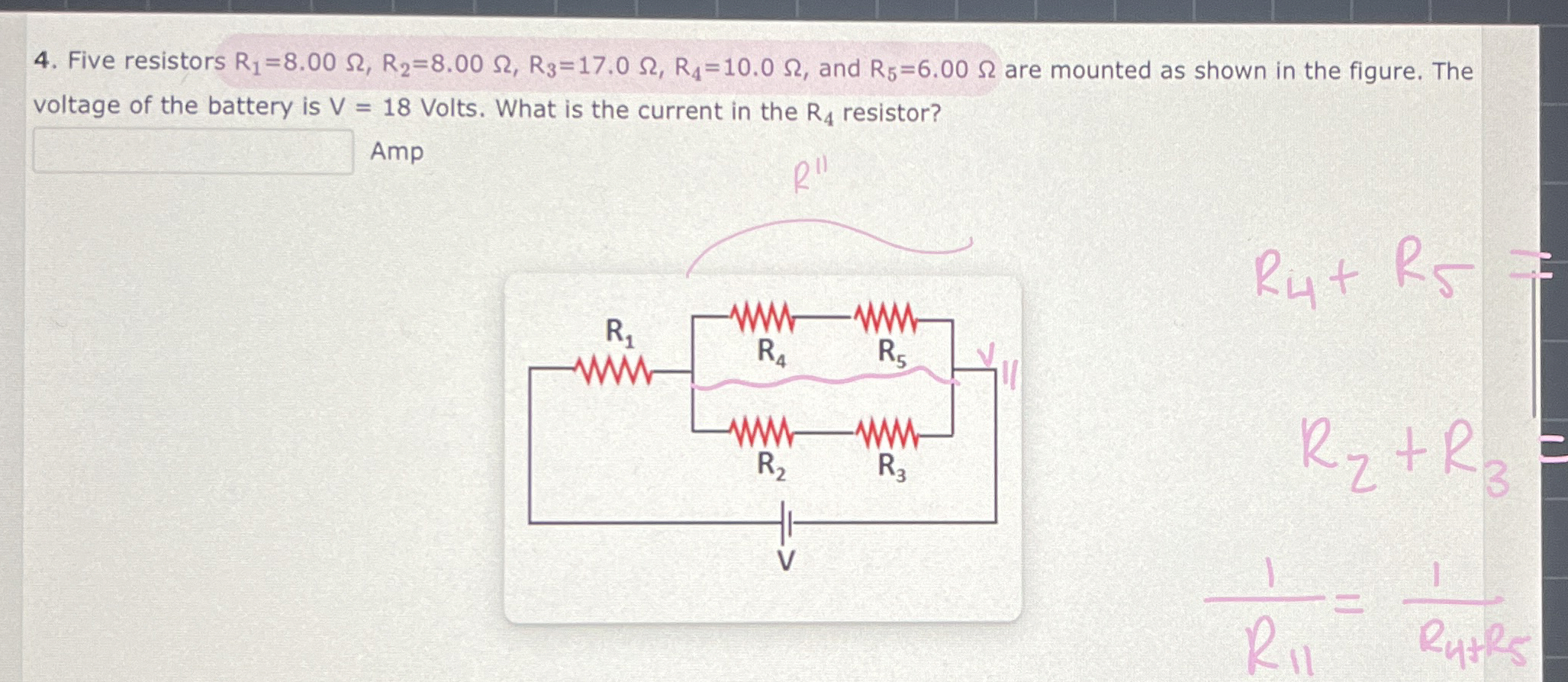 Solved Five resistors R1=8.00Ω,R2=8.00Ω,R3=17.0Ω,R4=10.0Ω, | Chegg.com