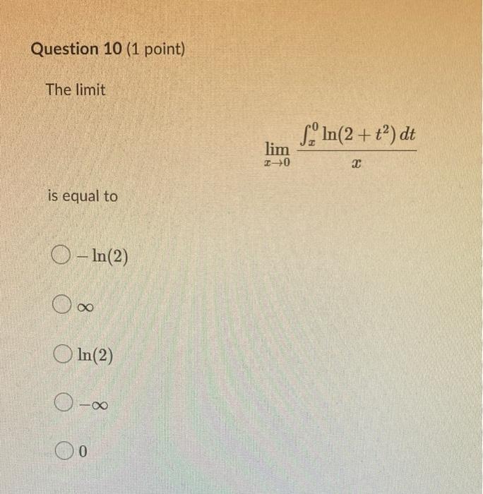 Solved The limit limx→0x∫x0ln(2+t2)dt is equal to −ln(2) ∞ | Chegg.com